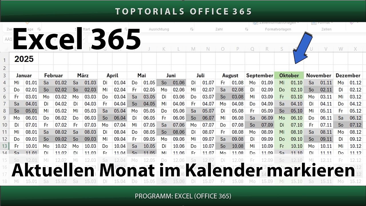 Aktuellen Monat im Kalender farbig markieren | Excel 365 Tutorial - YouTube