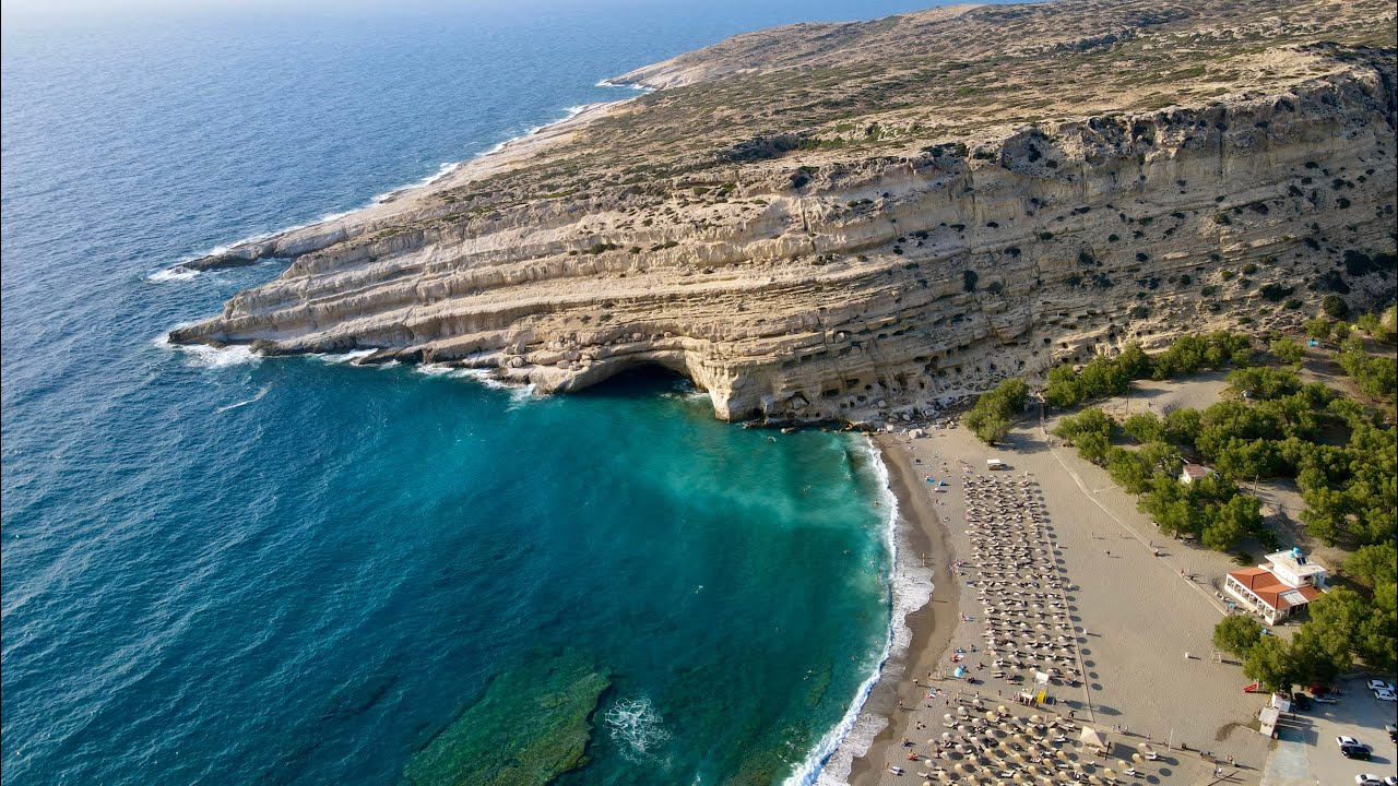 Matala Beach, Crete, Greece - drone view (4K) - YouTube