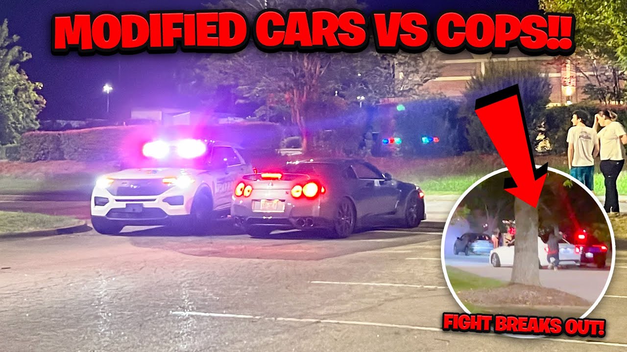 MODIFIED CARS GET BUSTED BY POLICE AT NIGHT MEET! (Fight almost breaks ...