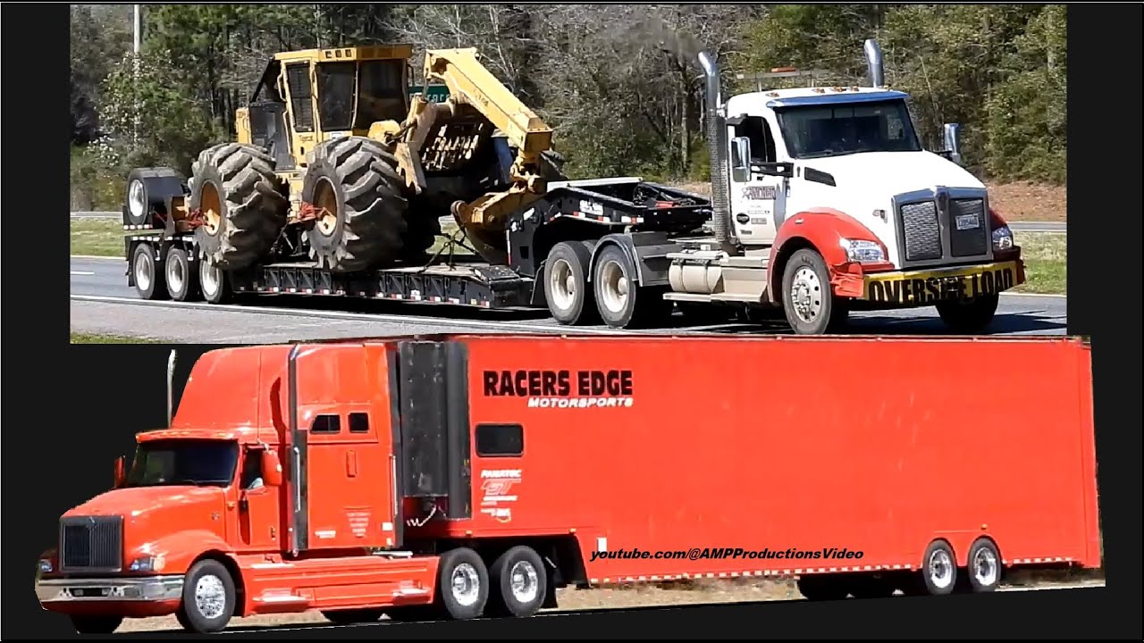 4K Truckspotting Red International Hauler Kenworth T680 Tigercat 23525 ...