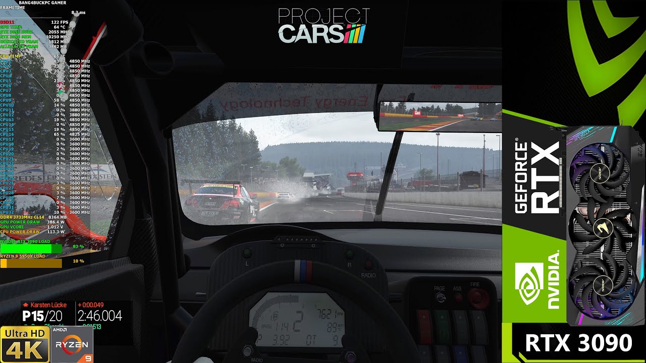 Project Cars Ultra Settings 4K Spa Rain Race | RTX 3090 | Ryzen 9 5950X ...