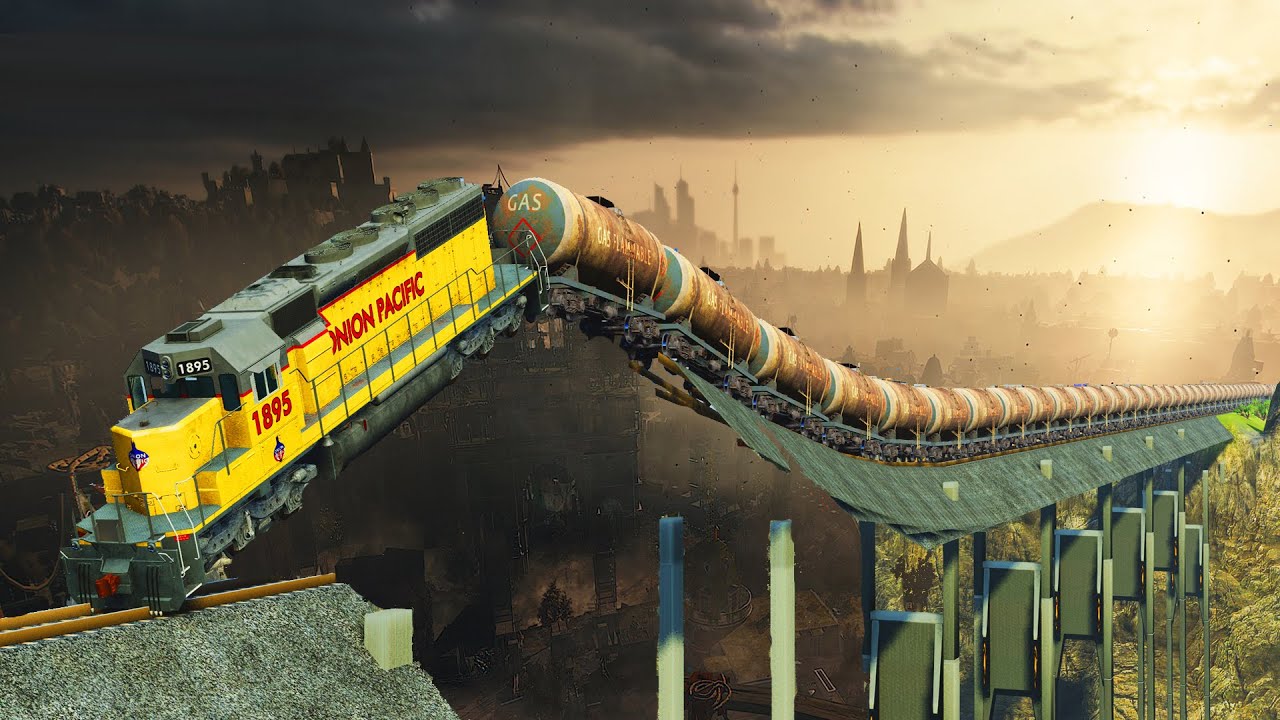Collapsing Bridge Freight Trains High-Speed Derailments BEAMNG.Drive ...
