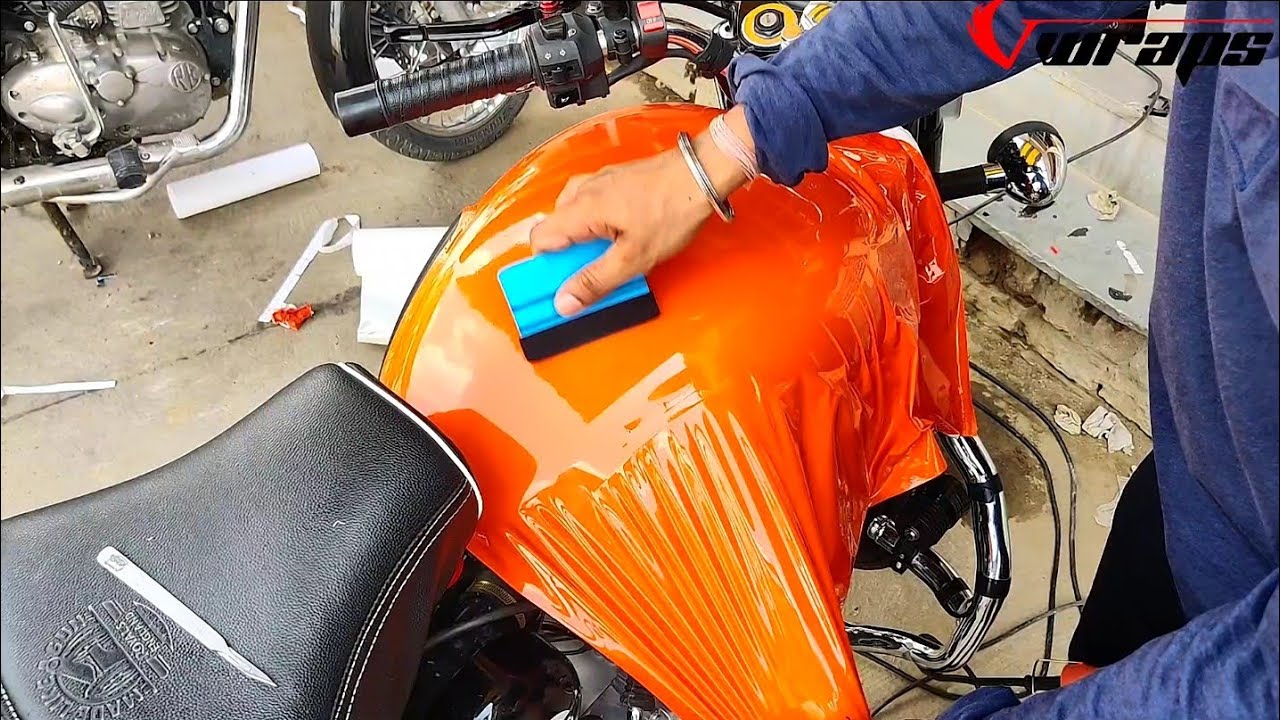 Royal Enfield Vinyl Wrapping Gloss Orange Bullet Modification