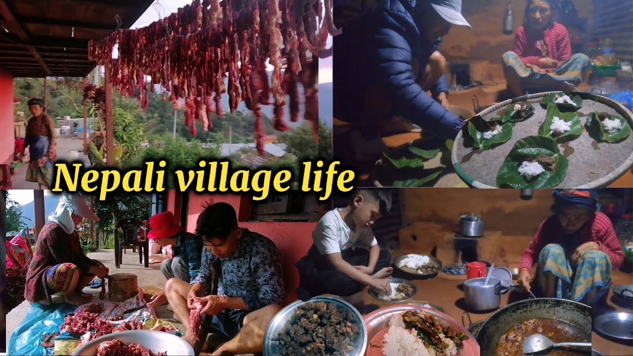 Buff Dry Meat Making & Coking || Eating with Rice in Nepali Village ...