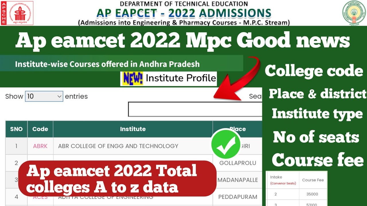 AP EAMCET 2022 Institute Profile Update AP EAMCET 2022 counselling AP ...