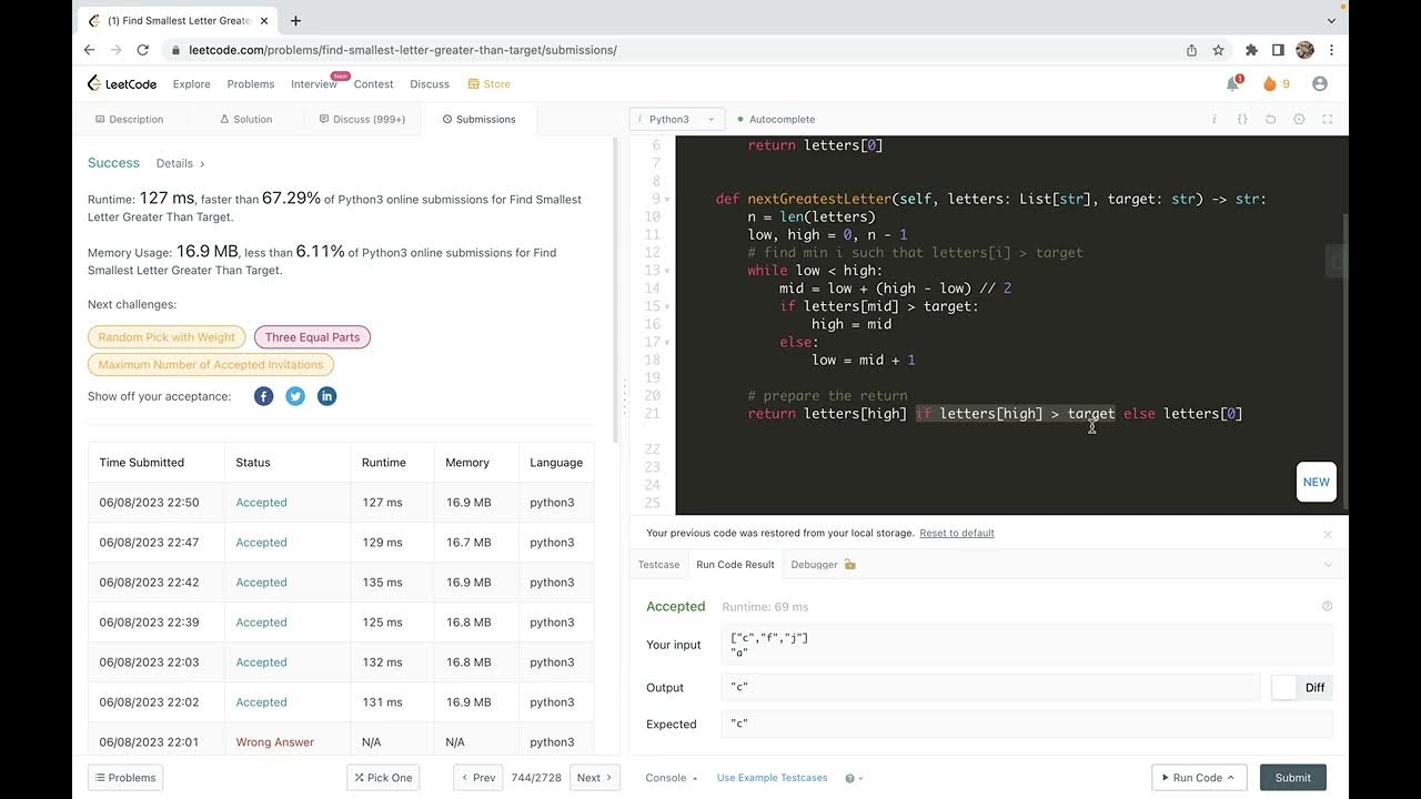 leetcode 744. Find Smallest Letter Greater Than Target - binary search practice - YouTube
