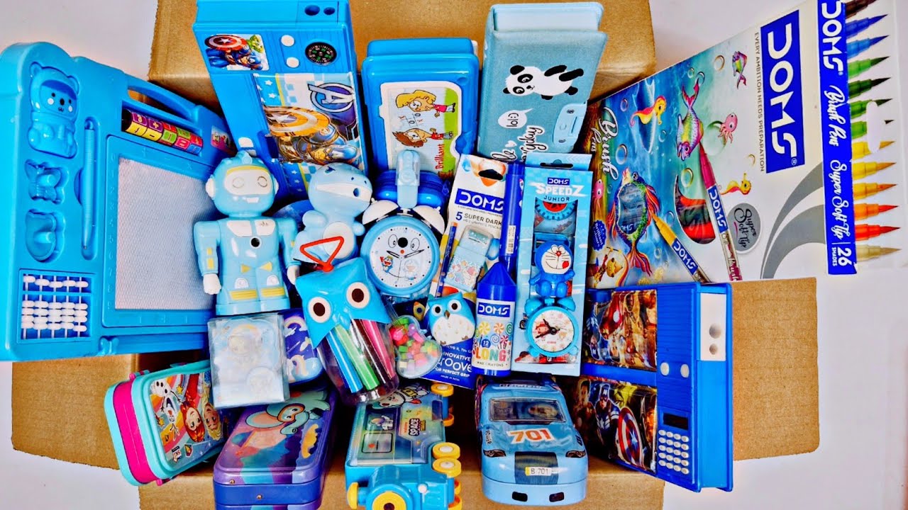 Unboxing blue stationery items - writing board, mini highlighter, brush ...