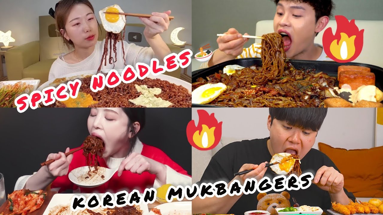 Korean mukbagers trying spicy korean noodles🍜 🥵 with Sunnyside egg🤤# ...