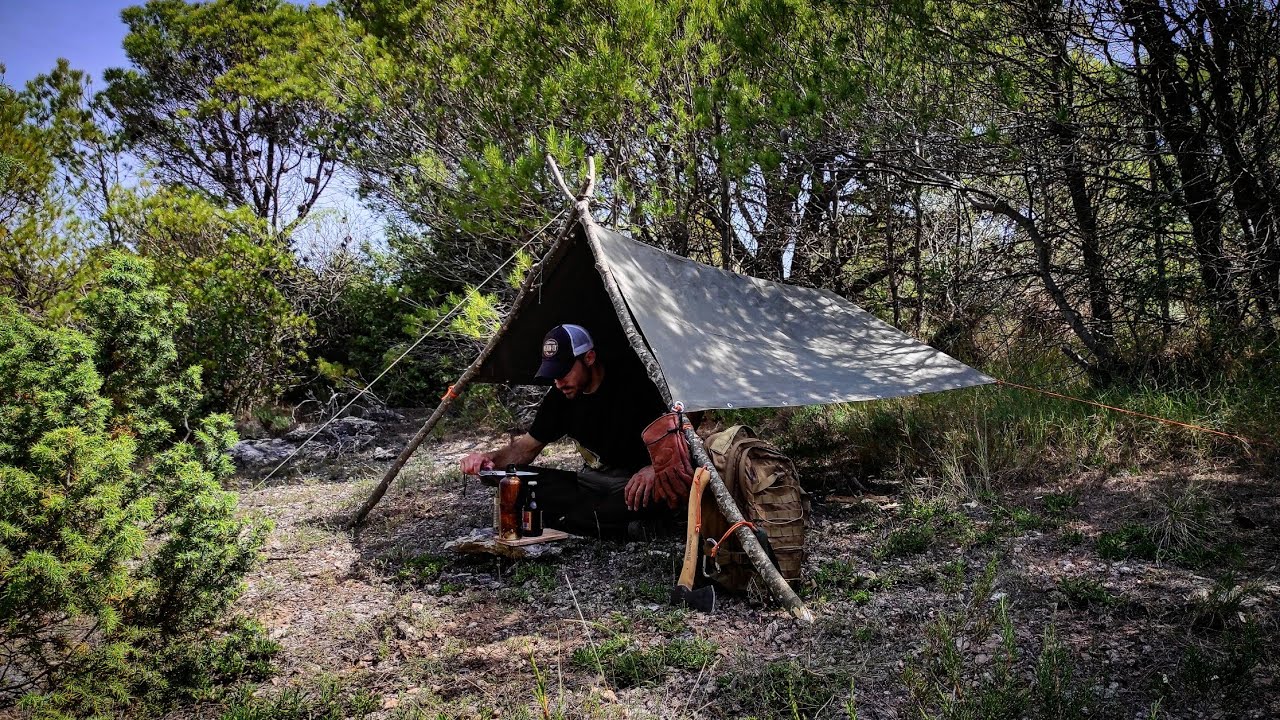 SOLO BUSHCRAFT CAMPING AND HOBO STOVE LUNCH - Canvas Tarp Shelter - YouTube