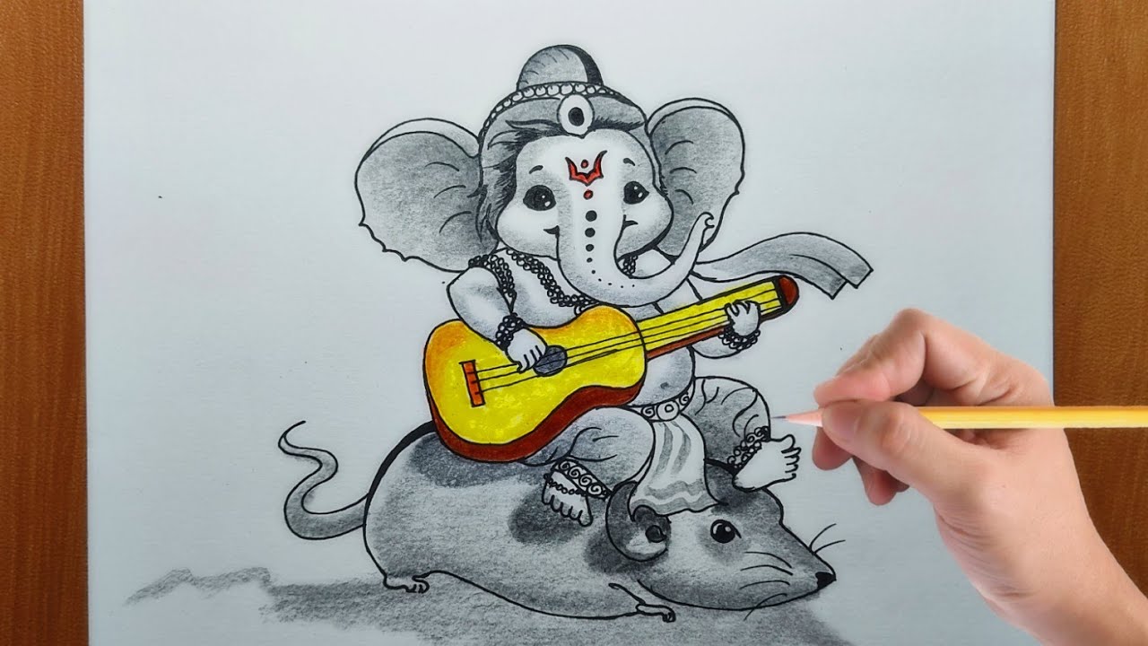 Ganpati Bappa With Guitar, Sitting On Mushak Drawing | Easy Drawing For ...