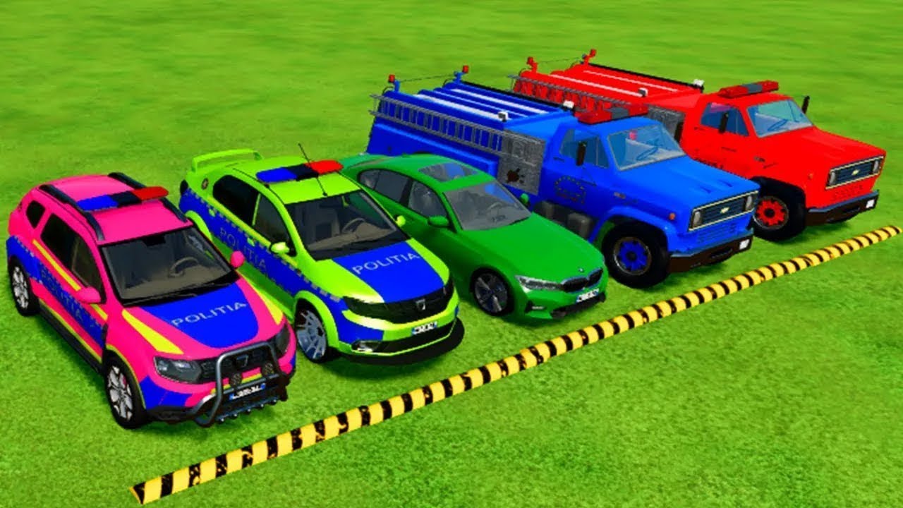 TRANSPORTING POLICE CARS, BMW, FIRE DEPARTMENT, AMBULANCE VEHICLES WITH ...