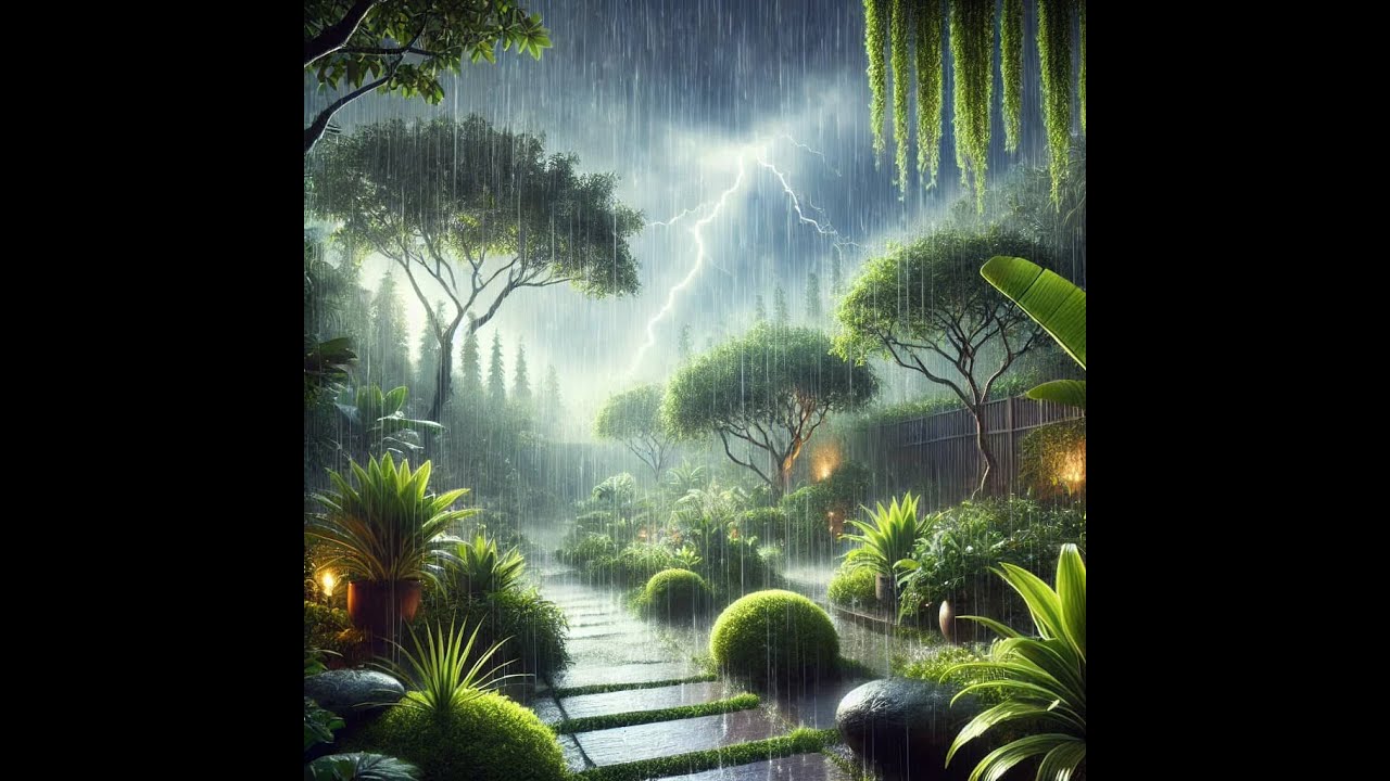 The sound of loud rain, thunder and storm in a relaxing garden ...