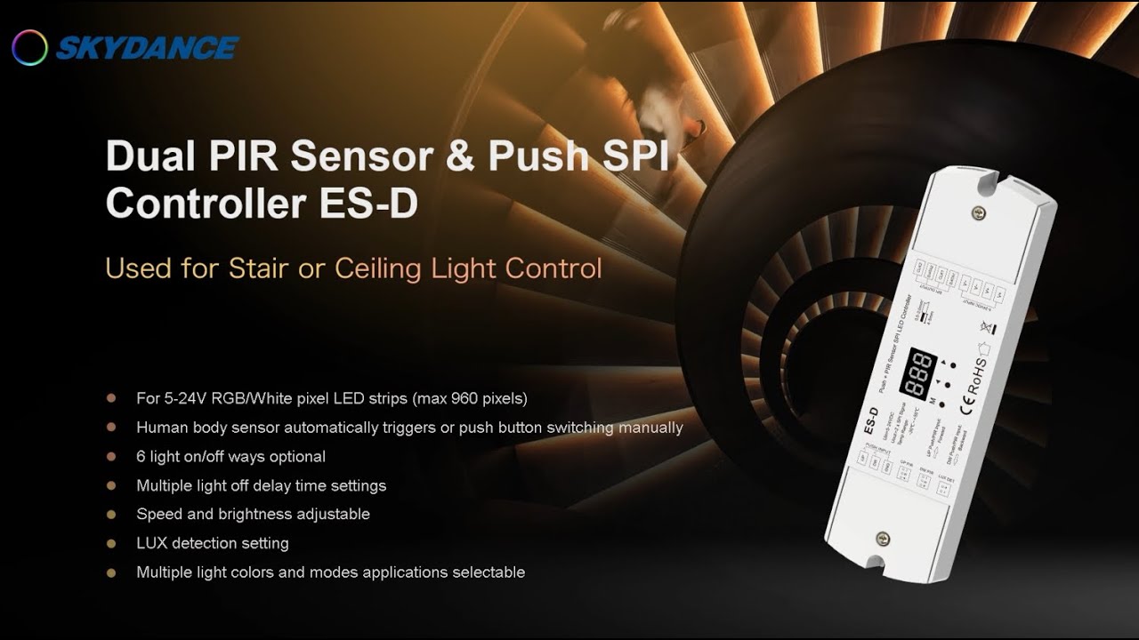SKYDANCE new PIR Sensor&Push Dim SPI Stair Light Controller ES-D - YouTube