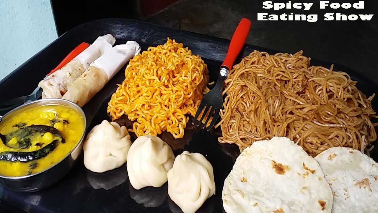 chow mein and noodles eating with roti sabji - YouTube