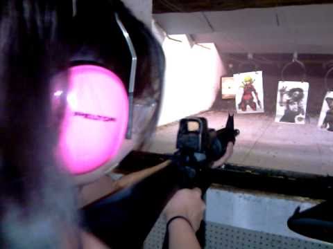 Mari shooting the 9mm three shot burst M16 - YouTube