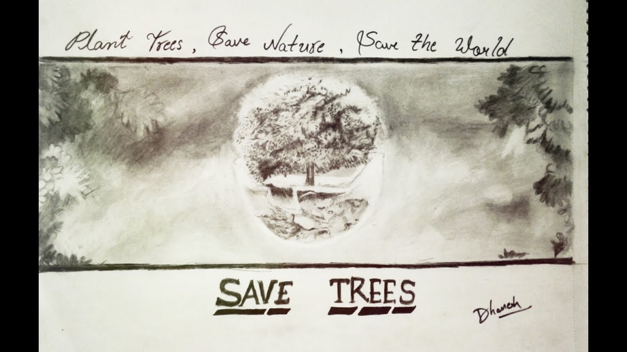Poster on save tree with slogans (how to draw save tree) - YouTube