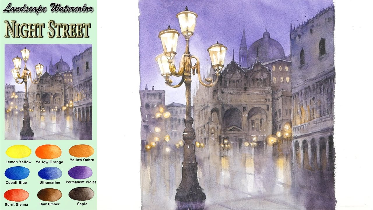 Landscape Watercolor- Night Street (Masking Work, wet-in-wet, Arches ...