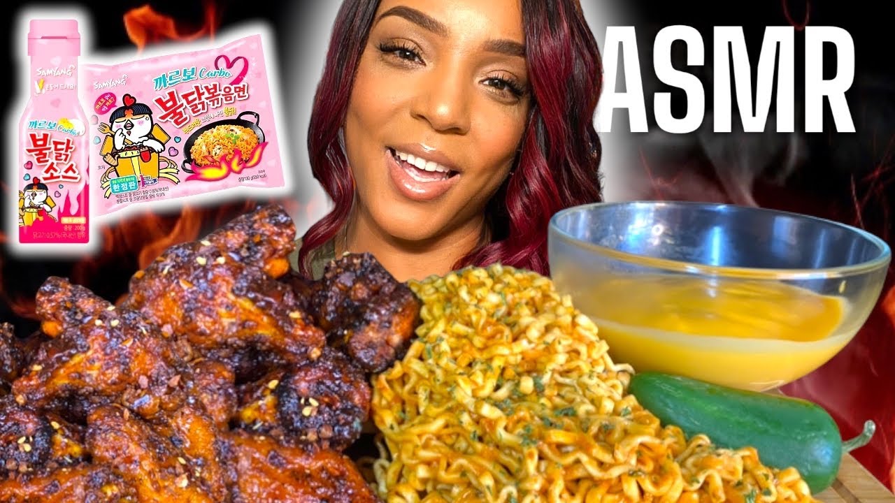 ASMR MUKBANG | 2x Spicy Nuclear Fire Wings + Nuclear Fire Noodles ...
