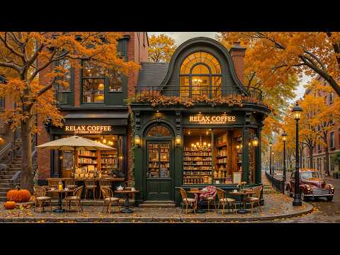 Soft Jazz Instrumental Music for Peaceful Autumn Day 🍂 Cozy Coffee Shop Ambience & Falling Leaves