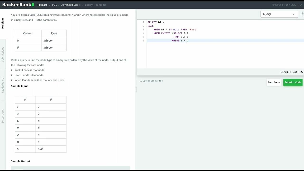 Hackerrank Sql Solution 2 Intermediate Sql Binary Tree Nodes Youtube