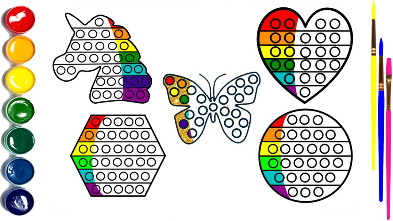 Drawing 5 POP IT Shapes! (Unicorn, Circle, Hexagon, Heart, Butterfly ...