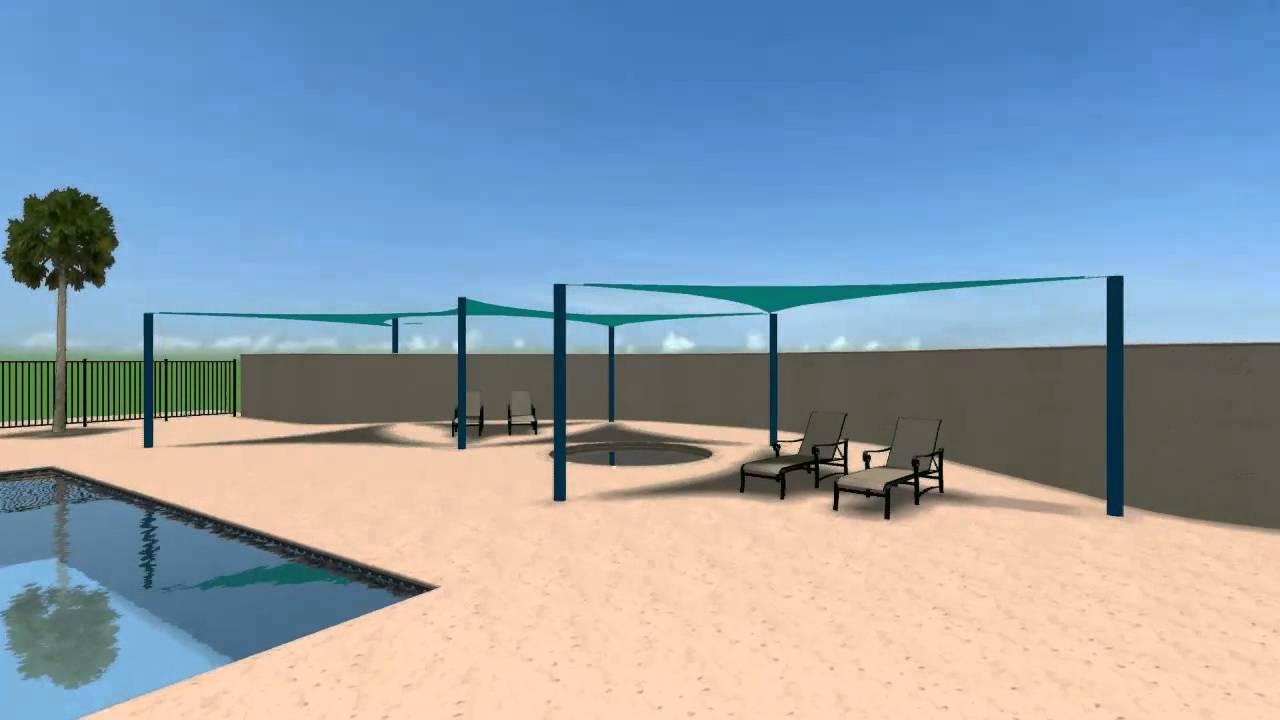 Pool area shaded with shade sails - YouTube