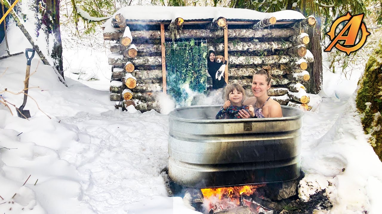 Building Her a Log Cabin Winter Spa by Hand in the Forrest For ...