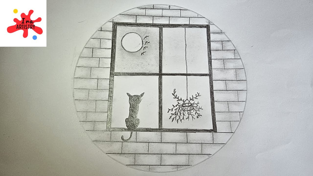 How to draw a cat sitting on a window || Easy drawing for beginners ...