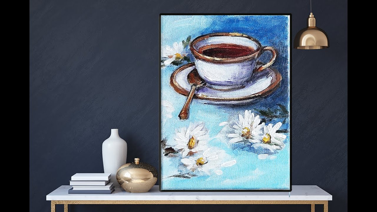 How to paint a cup of tea with flowers / Acrylic Painting/ Step by step ...