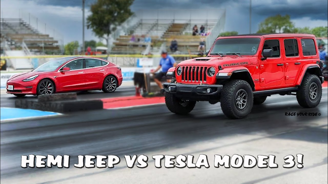 NEW HEMI POWERED RUBICON JEEP RACES TESLA MODEL 3 PLUS CADILLAC CTS-V ...