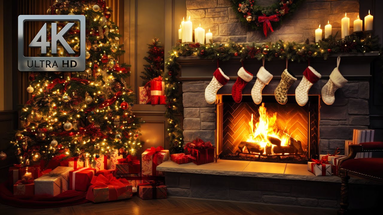 Cozy Fireplace Christmas Ambience, Christmas Background with Crackling ...