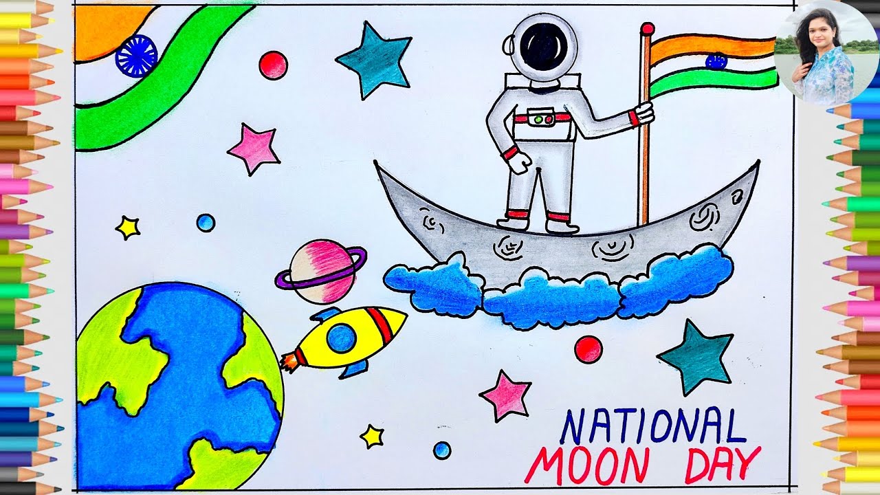 Moon Day Poster Drawing | Chandra Dinam Poster Drawing | National Moon Day Drawing Poster Easy ...