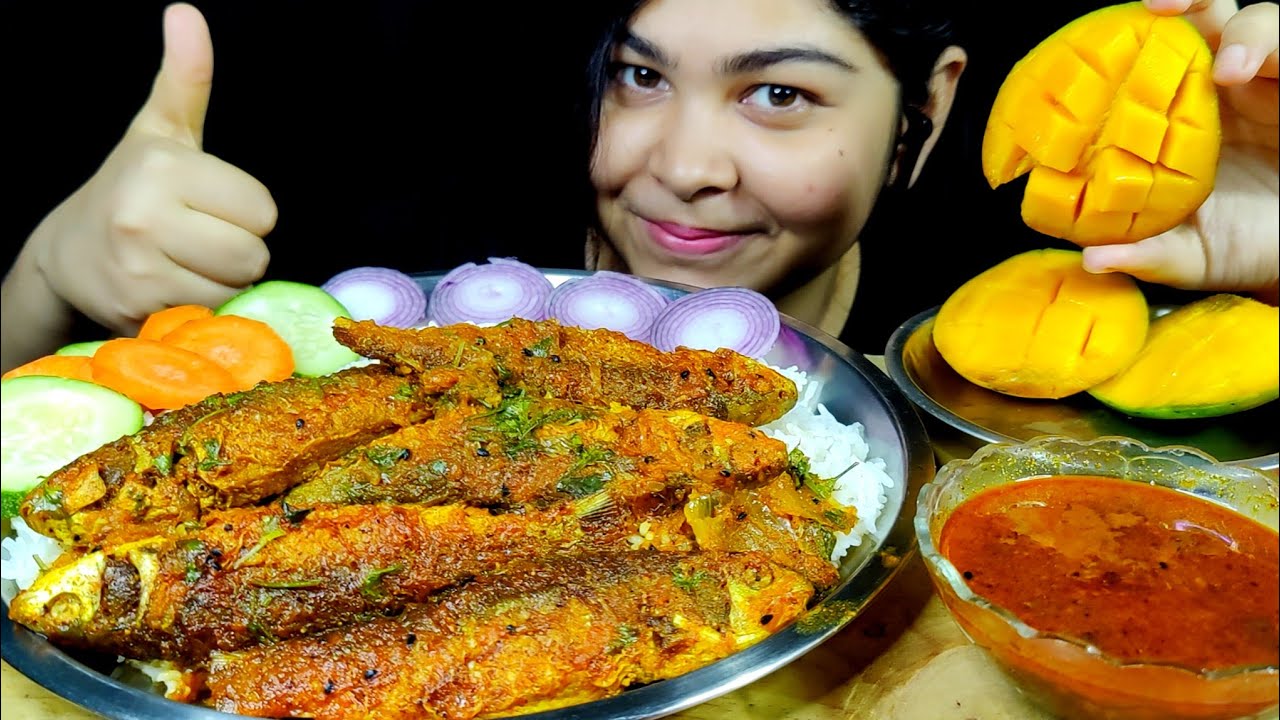 Eating Bata Fish Curry with Plain Rice, Mango & Salad | Eating Show ...