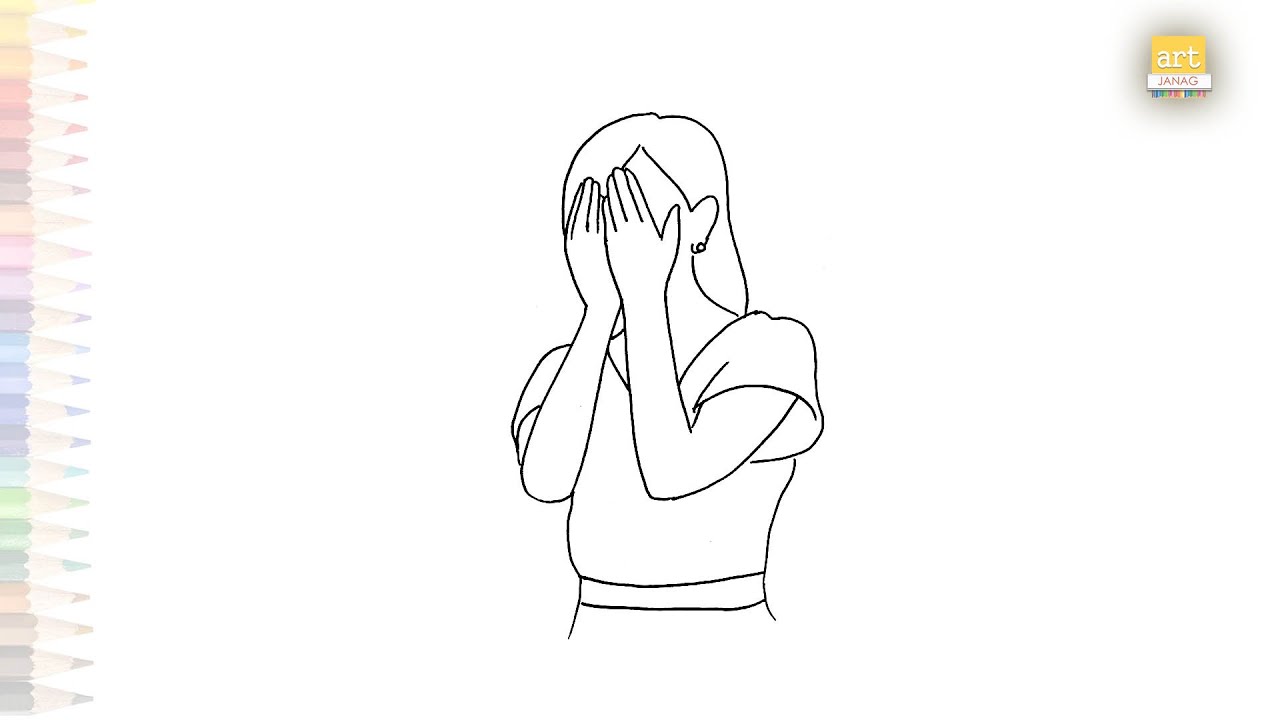 A Girl hiding face drawing | Outline drawings | How to draw cute girl ...