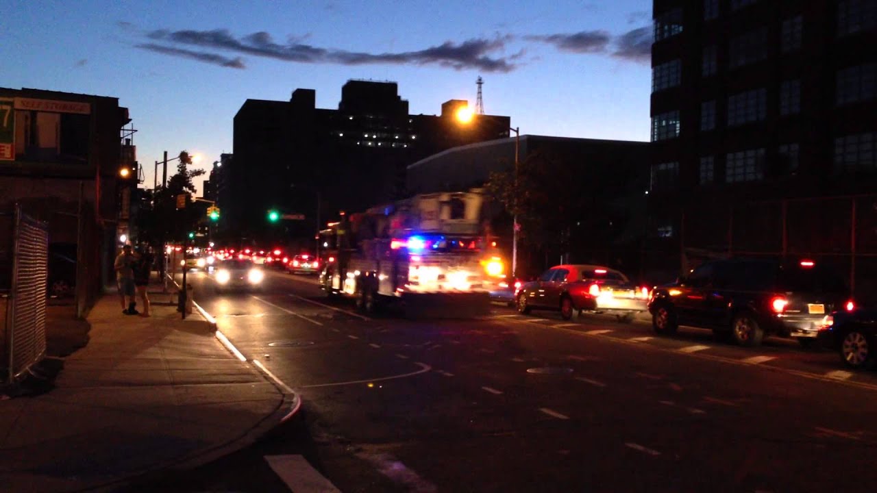 NEWER FDNY TOWER LADDER 119 RESPONDING ON FLUSHING AVE. IN DOWNTOWN ...