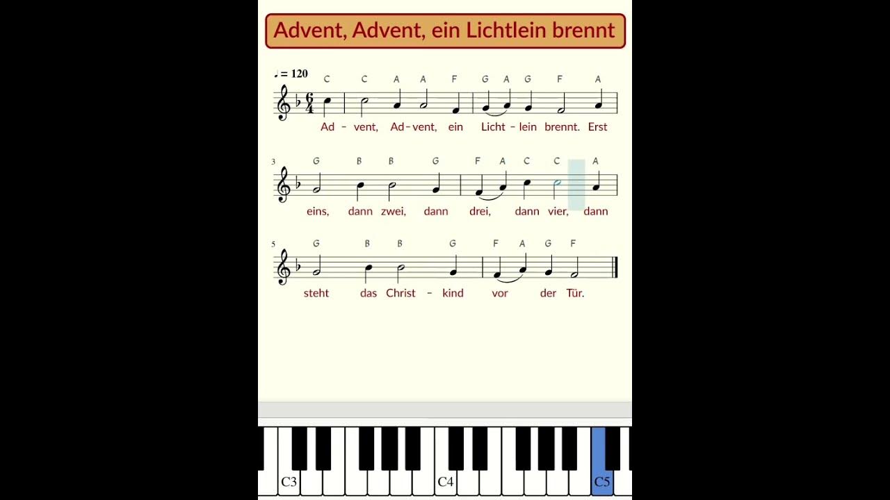 Advent, Advent, ein Lichtlein brennt | deutsches Weihnachtslied mit Text und Noten für Klavier ...