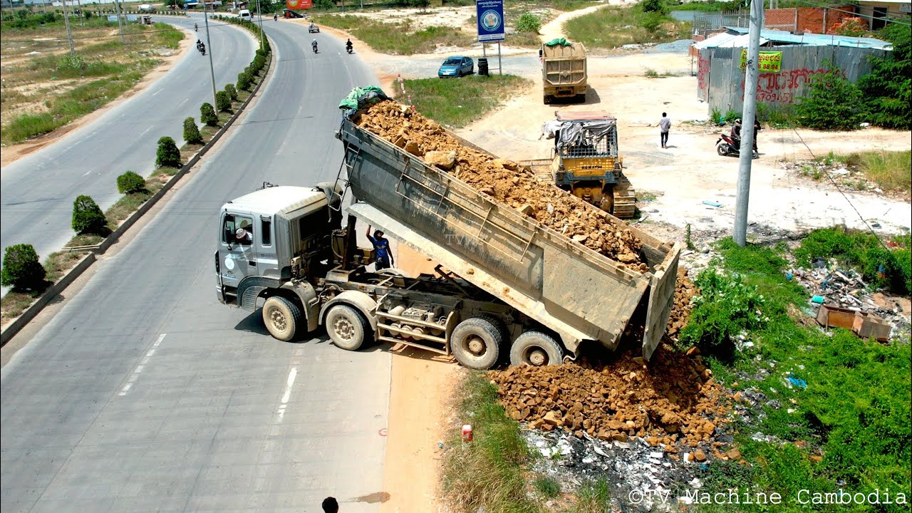 Incredible First Dump Truck Of Operating Unloading & First Driver Dozer ...