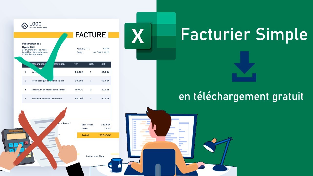 Exemple de Facturier simple avec formules Excel - YouTube