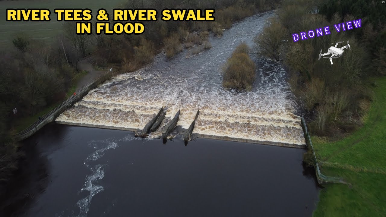 FLOODED RIVER TEES & RIVER SWALE DRONE VIEW DEC 2023 - YouTube