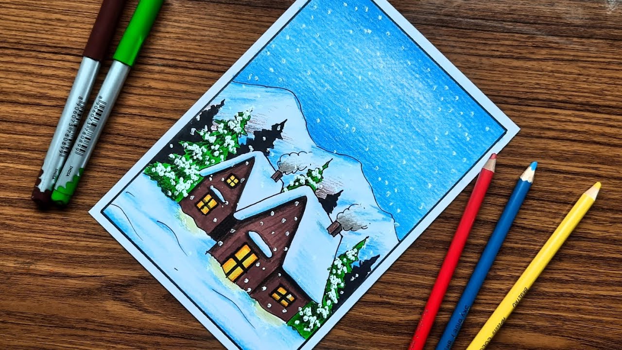 Winter season drawing | Snowfalls drawing easy | Winter landscape ...