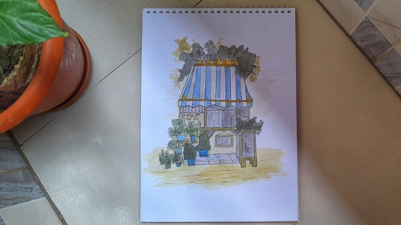 How to draw Cafe || Beautiful Cafe drawing step by step With water ...