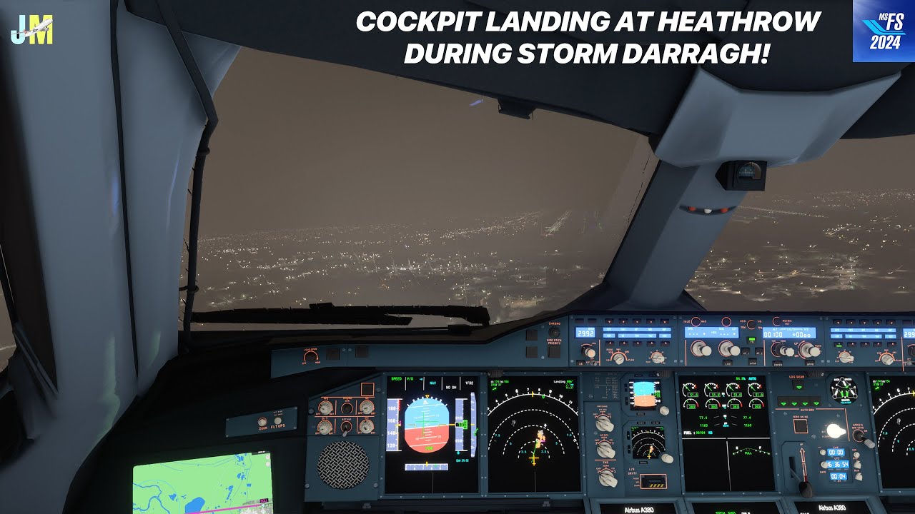 Cockpit Landing During STORM DARRAGH at Heathrow on an Airbus A380 ...