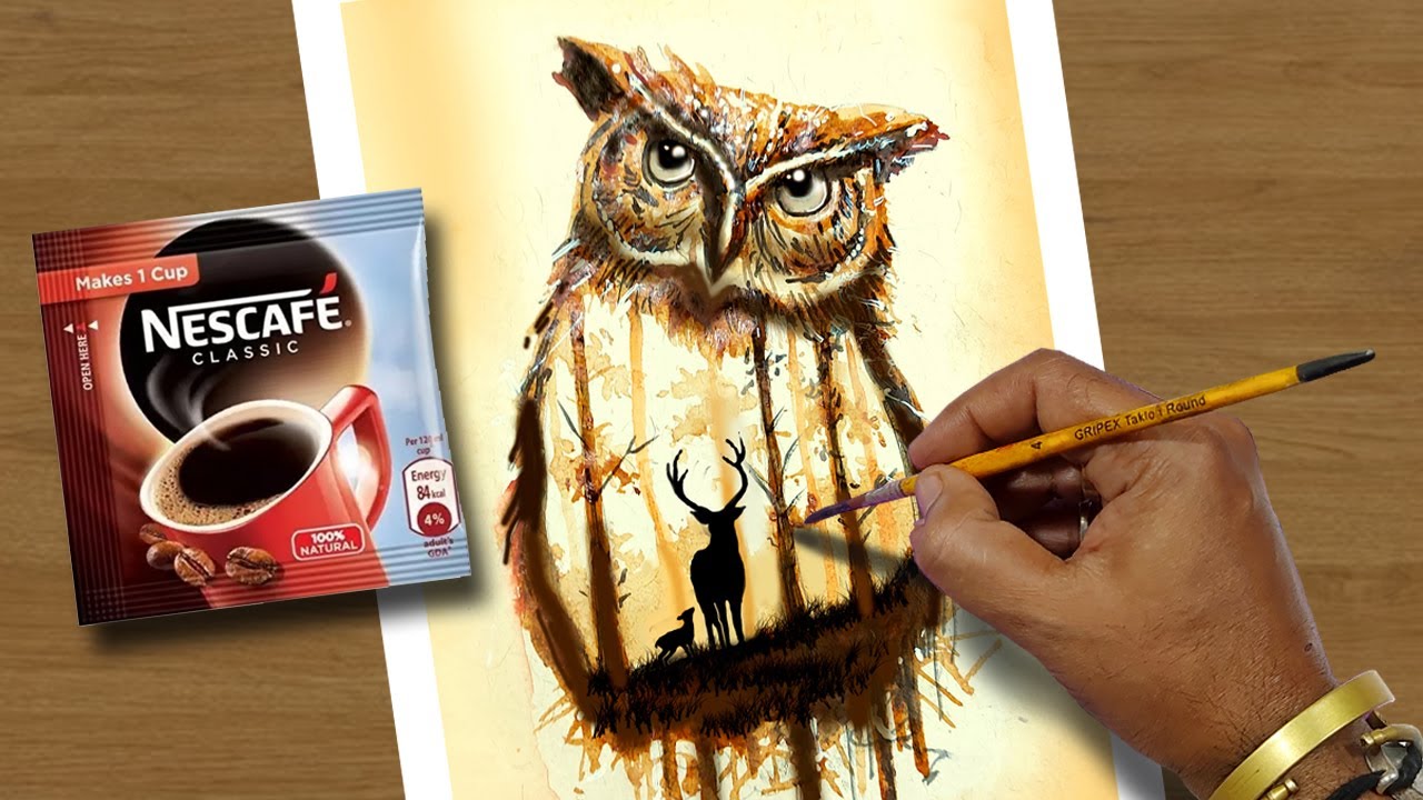 Painting with coffee | double exposure drawing | owl drawing - YouTube