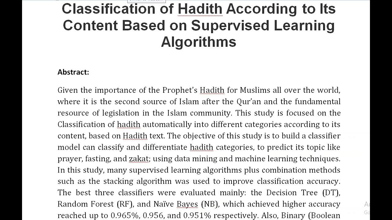 Classification of Hadith According to Its Content Based on Supervised Learning Algorithms - YouTube