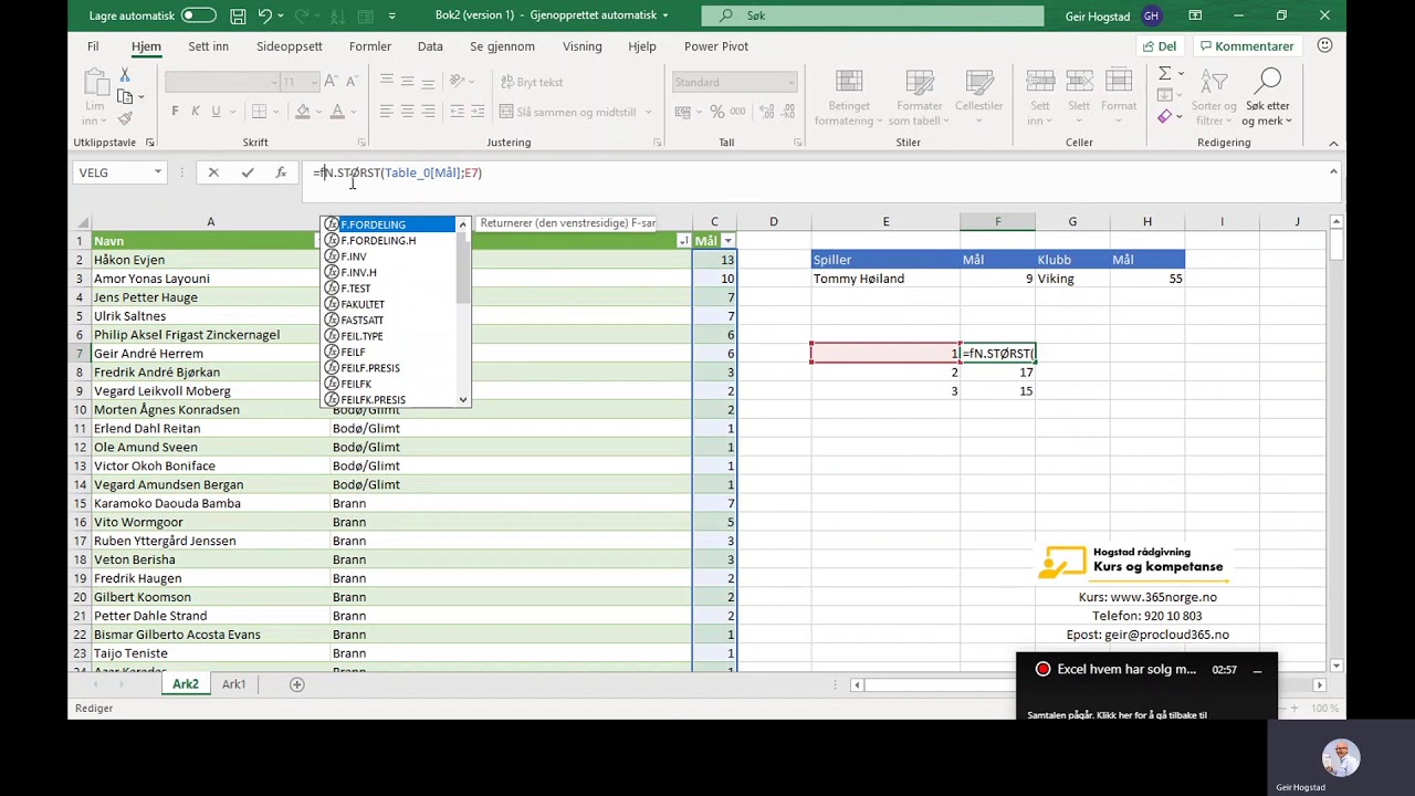 Excel hvem har solgt mest - YouTube