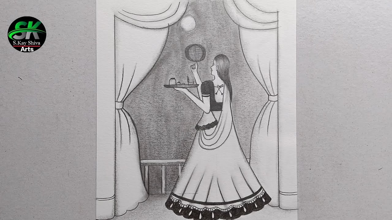 How to draw a woman karwa chauth || Pencil sketch for beginner || karva ...
