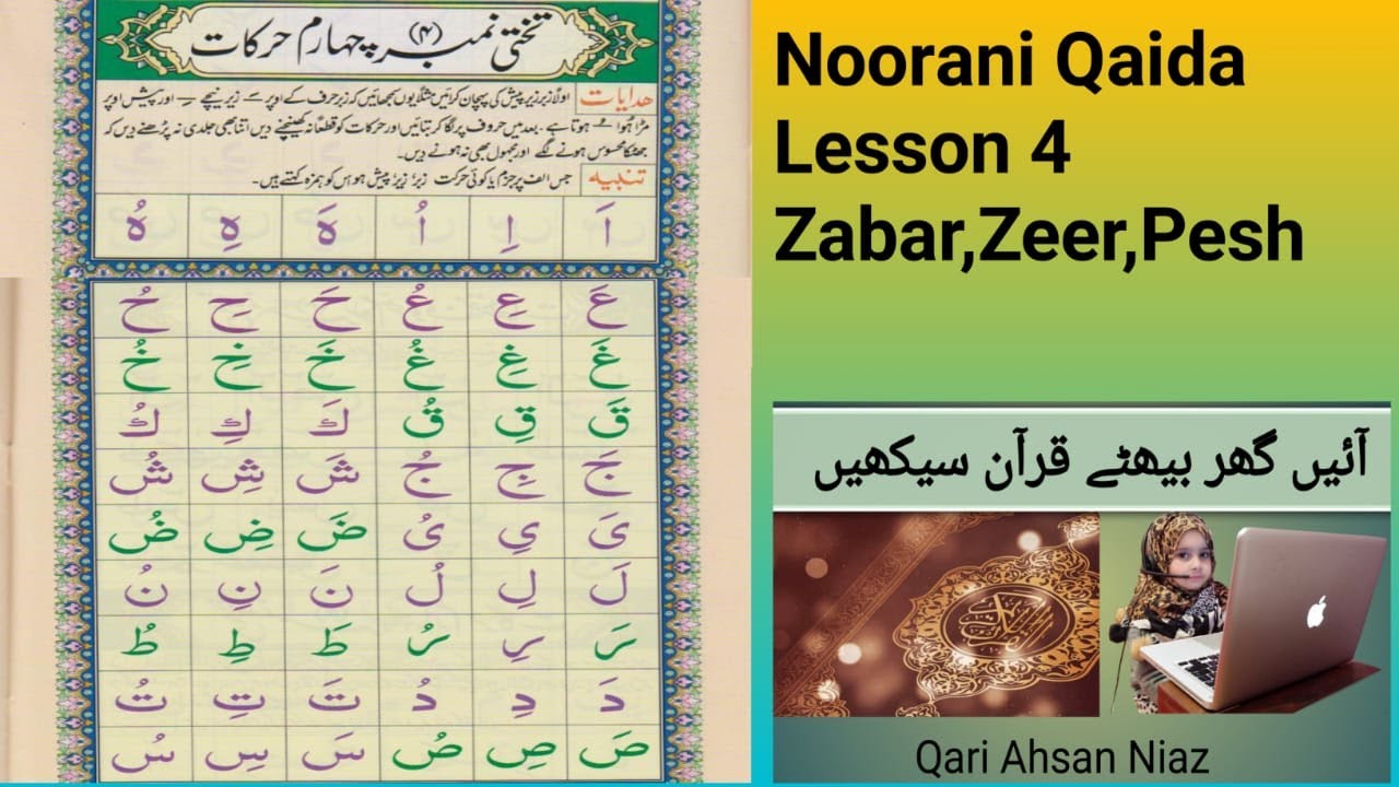 Noorani Qaida Lesson 4 | Zabar, Zeer, Pesh |Harakat| Oline Quran ...