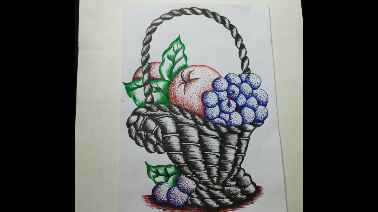 Still-life Drawing and Ink Shading Techniques on a basket of fruits ...