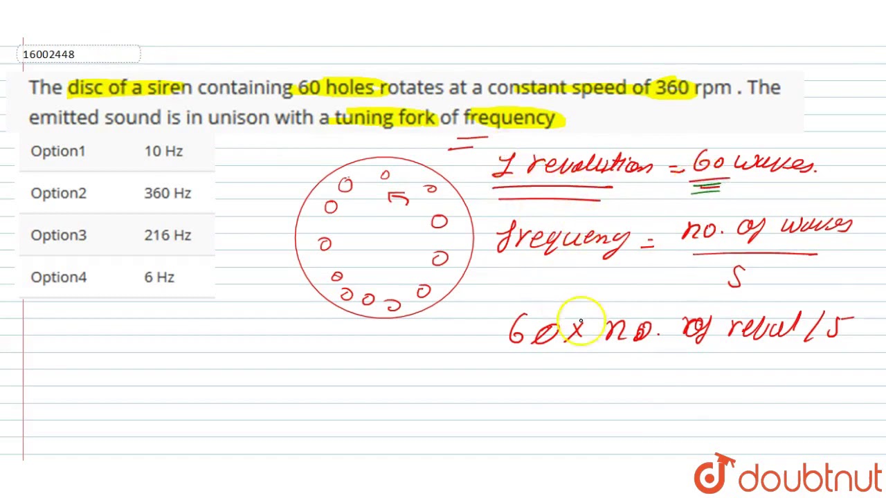 The disc of a siren containing 60 holes rotates at a constant speed of ...