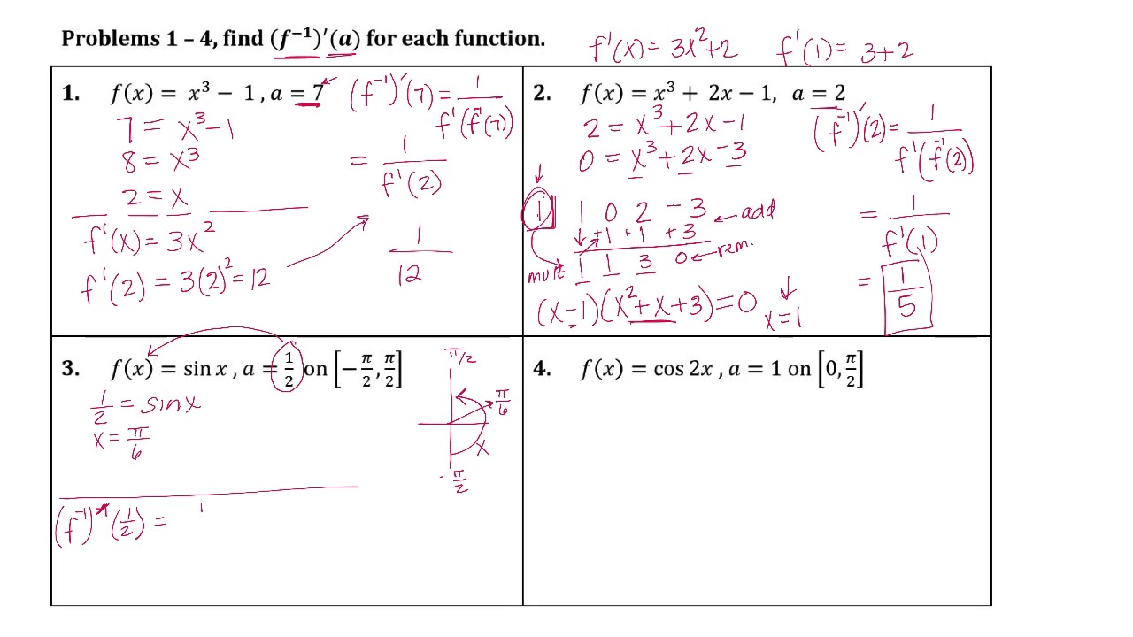 Derivatives of inverse functions homework - YouTube